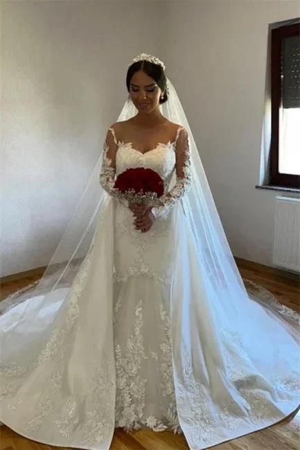 White A-line Lace Mermaid Wedding Gown with Detachable Sweep Train ...